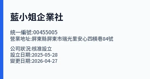 藍小姐企業社的照片-統編 00455005(屏東縣) 公司登記資料與營業項目詳細圖表