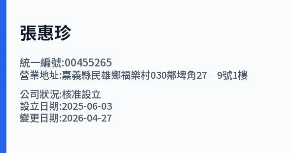 張惠珍的照片-統編 00455265(嘉義縣) 公司登記資料與營業項目詳細圖表