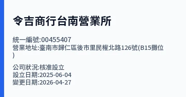 令吉商行台南營業所的照片-統編 00455407(臺南市) 公司登記資料與營業項目詳細圖表