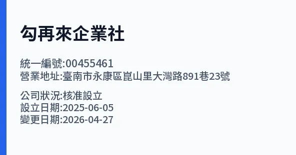 勾再來企業社的照片-統編 00455461(臺南市) 公司登記資料與營業項目詳細圖表