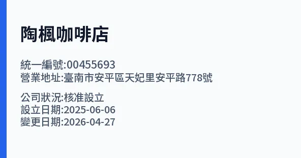 陶楓咖啡店的照片-統編 00455693(臺南市) 公司登記資料與營業項目詳細圖表