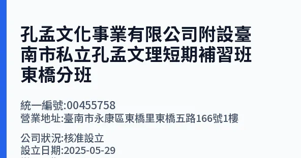 孔孟文化事業有限公司附設臺南市私立孔孟文理短期補習班東橋分班的照片-統編 00455758(臺南市) 公司登記資料與營業項目詳細圖表