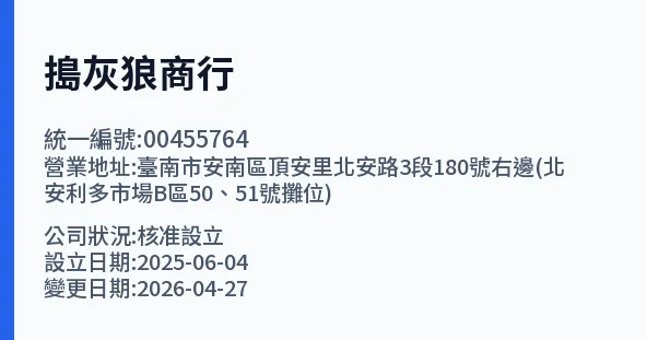 搗灰狼商行的照片-統編 00455764(臺南市) 公司登記資料與營業項目詳細圖表