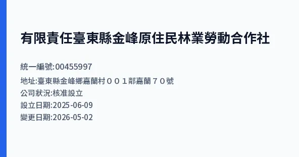 有限責任臺東縣金峰原住民林業勞動合作社的照片-統編 00455997(臺東縣) 公司登記資料與營業項目詳細圖表