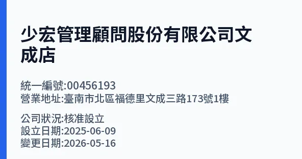 少宏管理顧問股份有限公司文成店的照片-統編 00456193(臺南市) 公司登記資料與營業項目詳細圖表