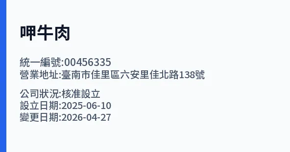 呷牛肉的照片-統編 00456335(臺南市) 公司登記資料與營業項目詳細圖表