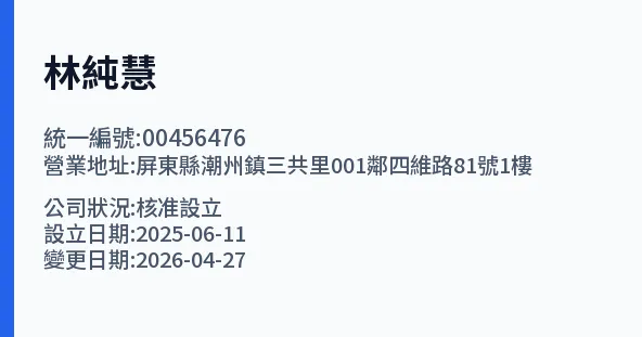 林純慧的照片-統編 00456476(屏東縣) 公司登記資料與營業項目詳細圖表