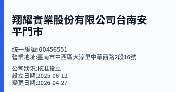翔耀實業股份有限公司台南安平門市的照片-統編 00456551(臺南市) 公司登記資料與營業項目詳細圖表