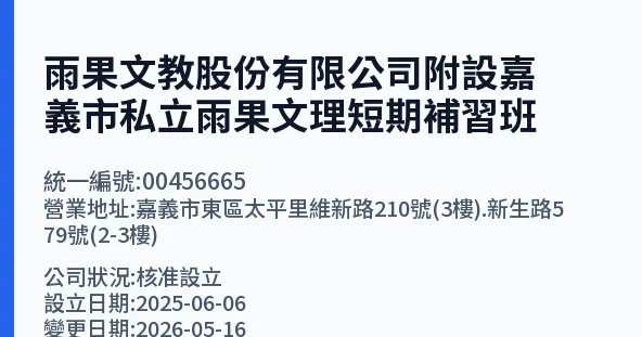 雨果文教股份有限公司附設嘉義市私立雨果文理短期補習班的照片-統編 00456665(嘉義市) 公司登記資料與營業項目詳細圖表