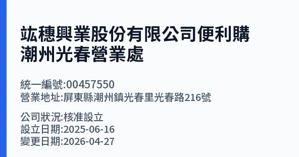 竑穗興業股份有限公司便利購潮州光春營業處的照片-統編 00457550(屏東縣) 公司登記資料與營業項目詳細圖表