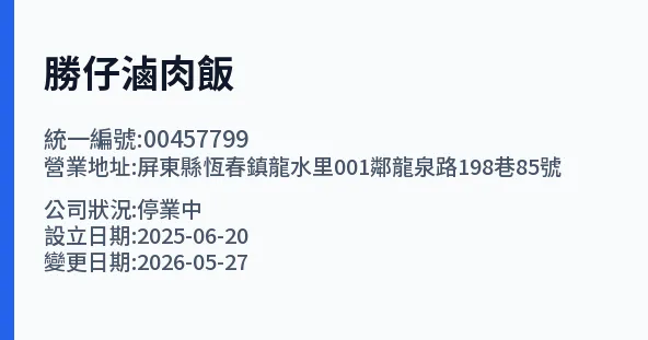 勝仔滷肉飯的照片-統編 00457799(屏東縣) 公司登記資料與營業項目詳細圖表