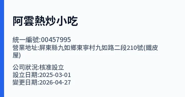 阿雲熱炒小吃的照片-統編 00457995(屏東縣) 公司登記資料與營業項目詳細圖表