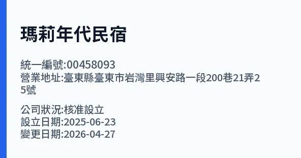 瑪莉年代民宿的照片-統編 00458093(臺東縣) 公司登記資料與營業項目詳細圖表