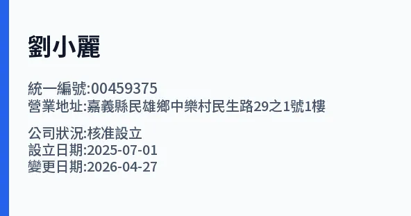 劉小麗的照片-統編 00459375(嘉義縣) 公司登記資料與營業項目詳細圖表