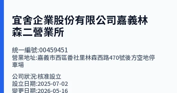 宜舍企業股份有限公司嘉義林森二營業所的照片-統編 00459451(嘉義市) 公司登記資料與營業項目詳細圖表