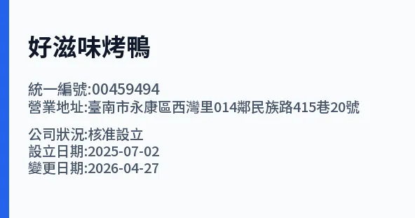好滋味烤鴨的照片-統編 00459494(臺南市) 公司登記資料與營業項目詳細圖表