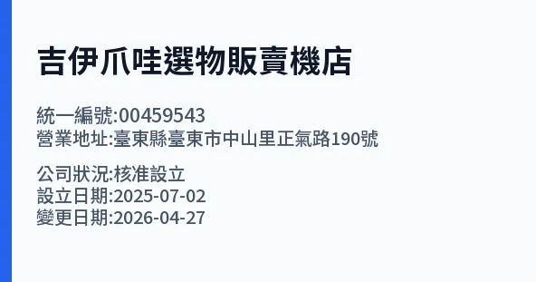 吉伊爪哇選物販賣機店的照片-統編 00459543(臺東縣) 公司登記資料與營業項目詳細圖表