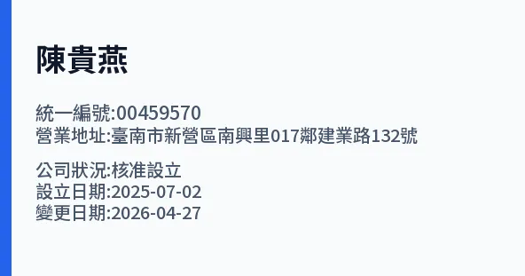 陳貴燕的照片-統編 00459570(臺南市) 公司登記資料與營業項目詳細圖表