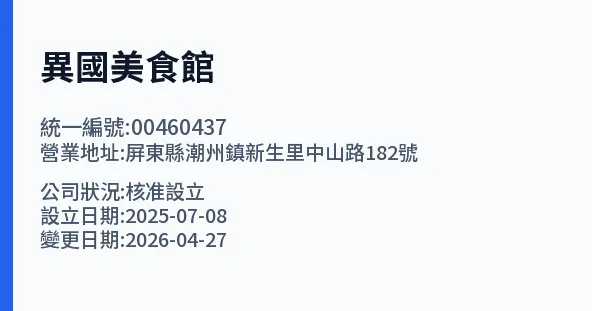異國美食館的照片-統編 00460437(屏東縣) 公司登記資料與營業項目詳細圖表