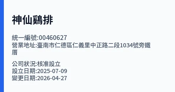 神仙鷄排的照片-統編 00460627(臺南市) 公司登記資料與營業項目詳細圖表