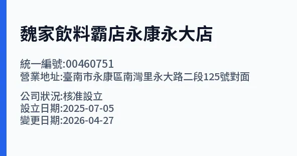 魏家飲料霸店永康永大店的照片-統編 00460751(臺南市) 公司登記資料與營業項目詳細圖表