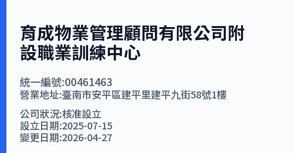 育成物業管理顧問有限公司附設職業訓練中心的照片-統編 00461463(臺南市) 公司登記資料與營業項目詳細圖表