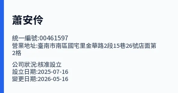 蕭安伶的照片-統編 00461597(臺南市) 公司登記資料與營業項目詳細圖表
