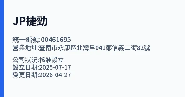 JP捷勁的照片-統編 00461695(臺南市) 公司登記資料與營業項目詳細圖表