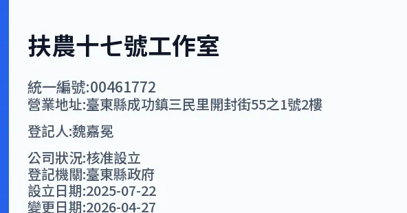 扶農十七號工作室的照片-統編 00461772(臺東縣) 公司登記資料與營業項目詳細圖表