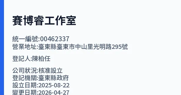賽博睿工作室的照片-統編 00462337(臺東縣) 公司登記資料與營業項目詳細圖表