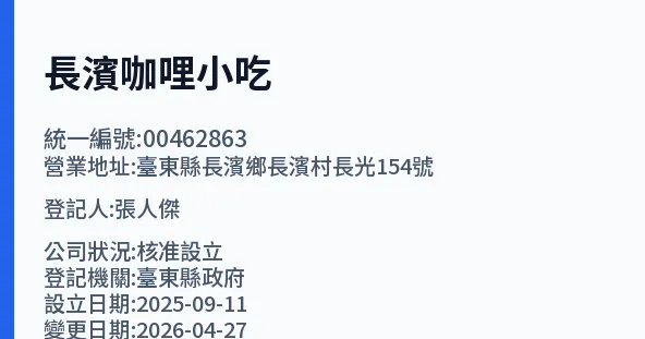長濱咖哩小吃的照片-統編 00462863(臺東縣) 公司登記資料與營業項目詳細圖表