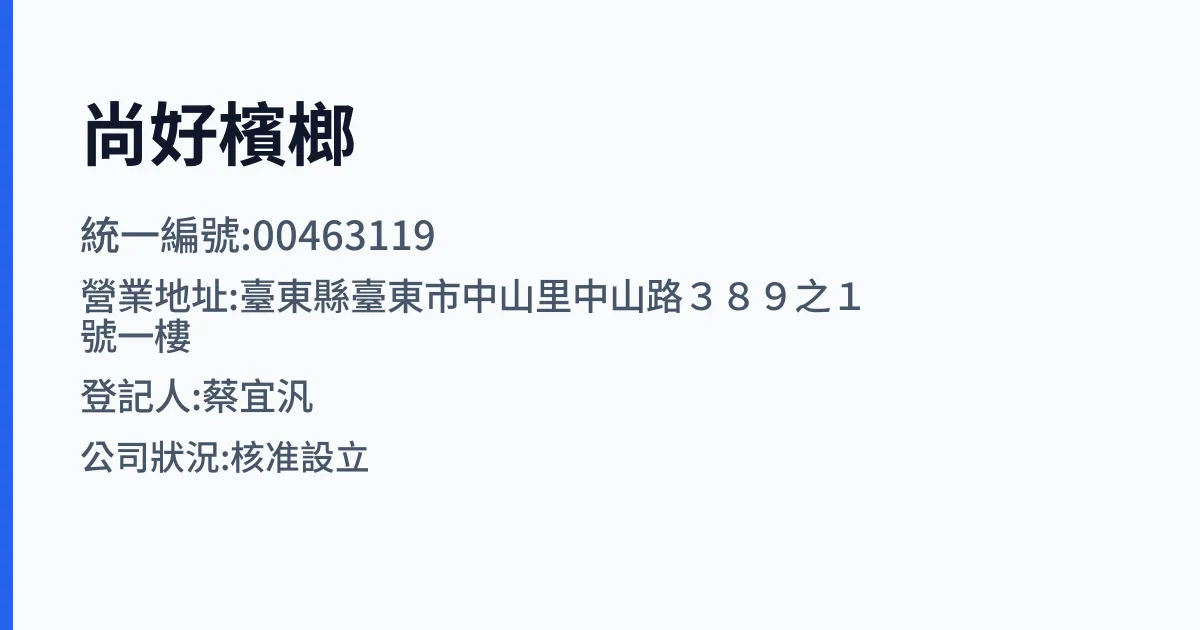 尚好檳榔 - 統編 00463119(臺東縣) 公司登記資料與營業項目詳細圖表