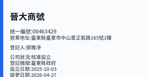 晉大商號的照片-統編 00463429(臺東縣) 公司登記資料與營業項目詳細圖表