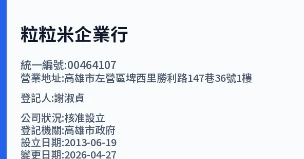 粒粒米企業行的照片-統編 00464107(高雄市) 公司登記資料與營業項目詳細圖表