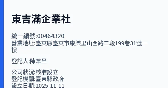 東吉滿企業社的照片-統編 00464320(臺東縣) 公司登記資料與營業項目詳細圖表