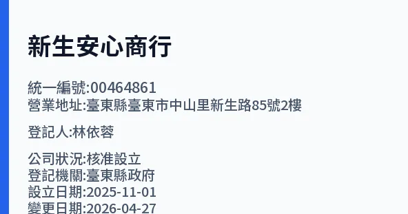 新生安心商行的照片-統編 00464861(臺東縣) 公司登記資料與營業項目詳細圖表