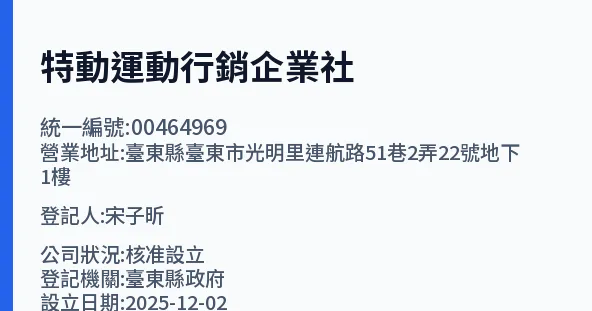 特動運動行銷企業社的照片-統編 00464969(臺東縣) 公司登記資料與營業項目詳細圖表