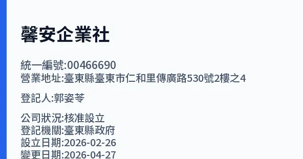 馨安企業社的照片-統編 00466690(臺東縣) 公司登記資料與營業項目詳細圖表