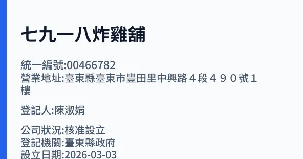 七九一八炸雞舖的照片-統編 00466782(臺東縣) 公司登記資料與營業項目詳細圖表
