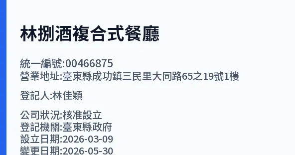林捌酒複合式餐廳的照片-統編 00466875(臺東縣) 公司登記資料與營業項目詳細圖表