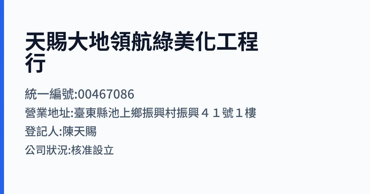 天賜大地領航綠美化工程行 - 統編 00467086(臺東縣) 公司登記資料與營業項目詳細圖表