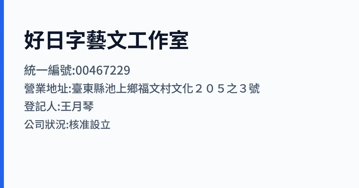 好日字藝文工作室 - 統編 00467229(臺東縣) 公司登記資料與營業項目詳細圖表