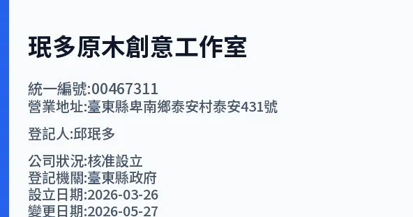 珉多原木創意工作室的照片-統編 00467311(臺東縣) 公司登記資料與營業項目詳細圖表
