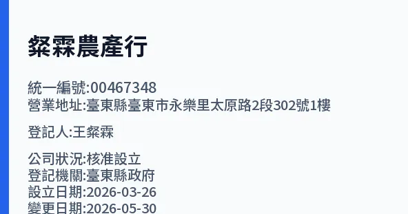 粲霖農產行的照片-統編 00467348(臺東縣) 公司登記資料與營業項目詳細圖表