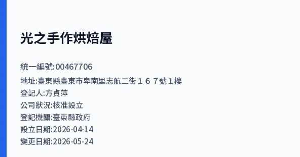 光之手作烘焙屋的照片-統編 00467706(臺東縣) 公司登記資料與營業項目詳細圖表