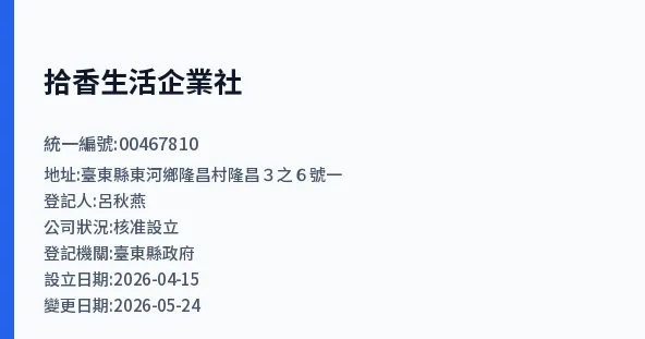 拾香生活企業社的照片-統編 00467810(臺東縣) 公司登記資料與營業項目詳細圖表