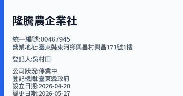 隆騰農企業社的照片-統編 00467945(臺東縣) 公司登記資料與營業項目詳細圖表