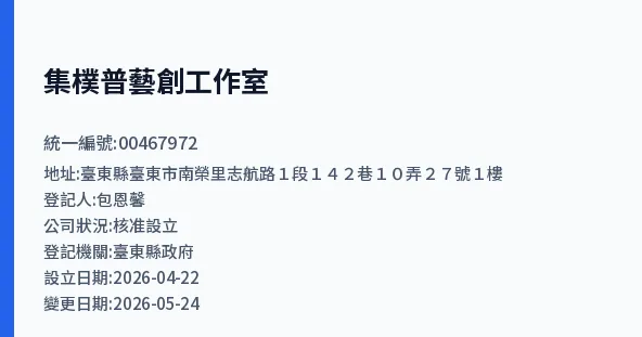 集樸普藝創工作室的照片-統編 00467972(臺東縣) 公司登記資料與營業項目詳細圖表