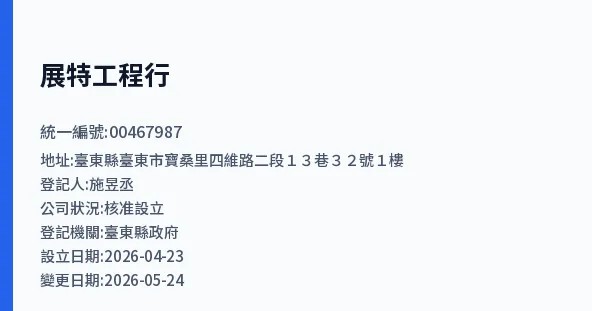 展特工程行的照片-統編 00467987(臺東縣) 公司登記資料與營業項目詳細圖表