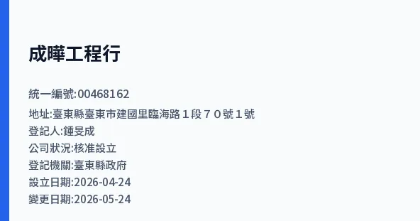 成曄工程行的照片-統編 00468162(臺東縣) 公司登記資料與營業項目詳細圖表
